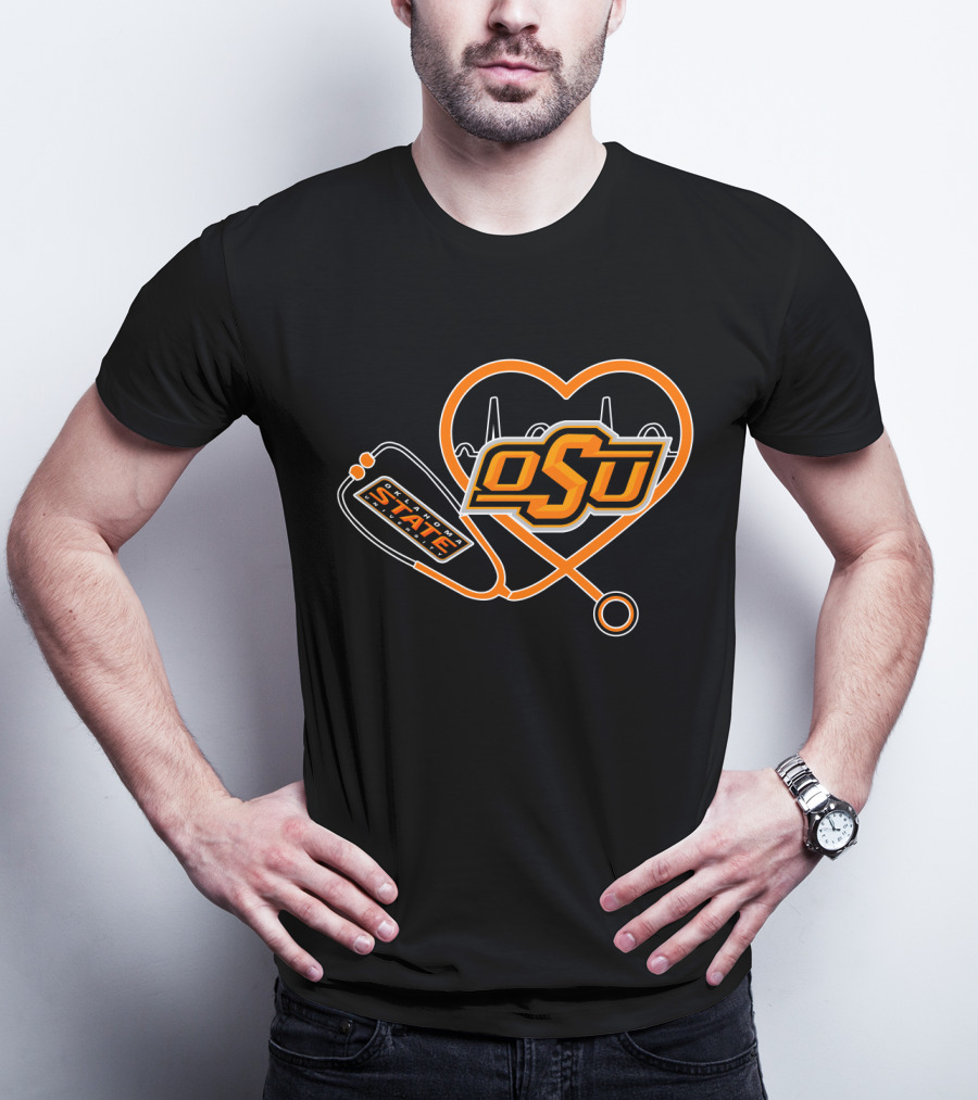 OSU Oklahoma State Cowboys Heartbeat Stethoscope T-Shirt