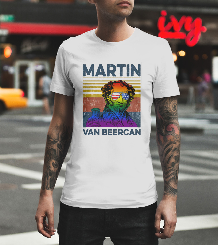Martin Van Beercan American Flag Sunglasses Retro Drink Stripe T-Shirt