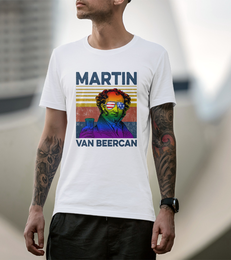 Martin Van Beercan American Flag Sunglasses Retro Drink Stripe T-Shirt