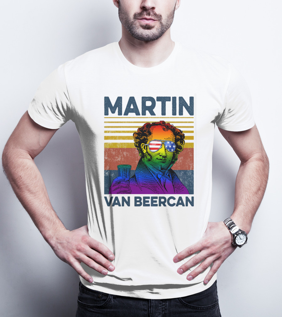 Martin Van Beercan American Flag Sunglasses Retro Drink Stripe T-Shirt