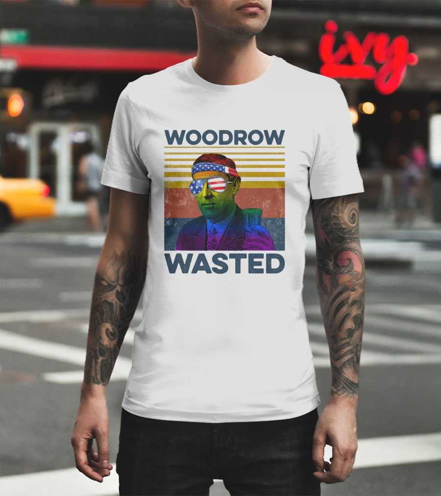Woodrow Wasted American Flag Sunglasses Beer T-Shirt