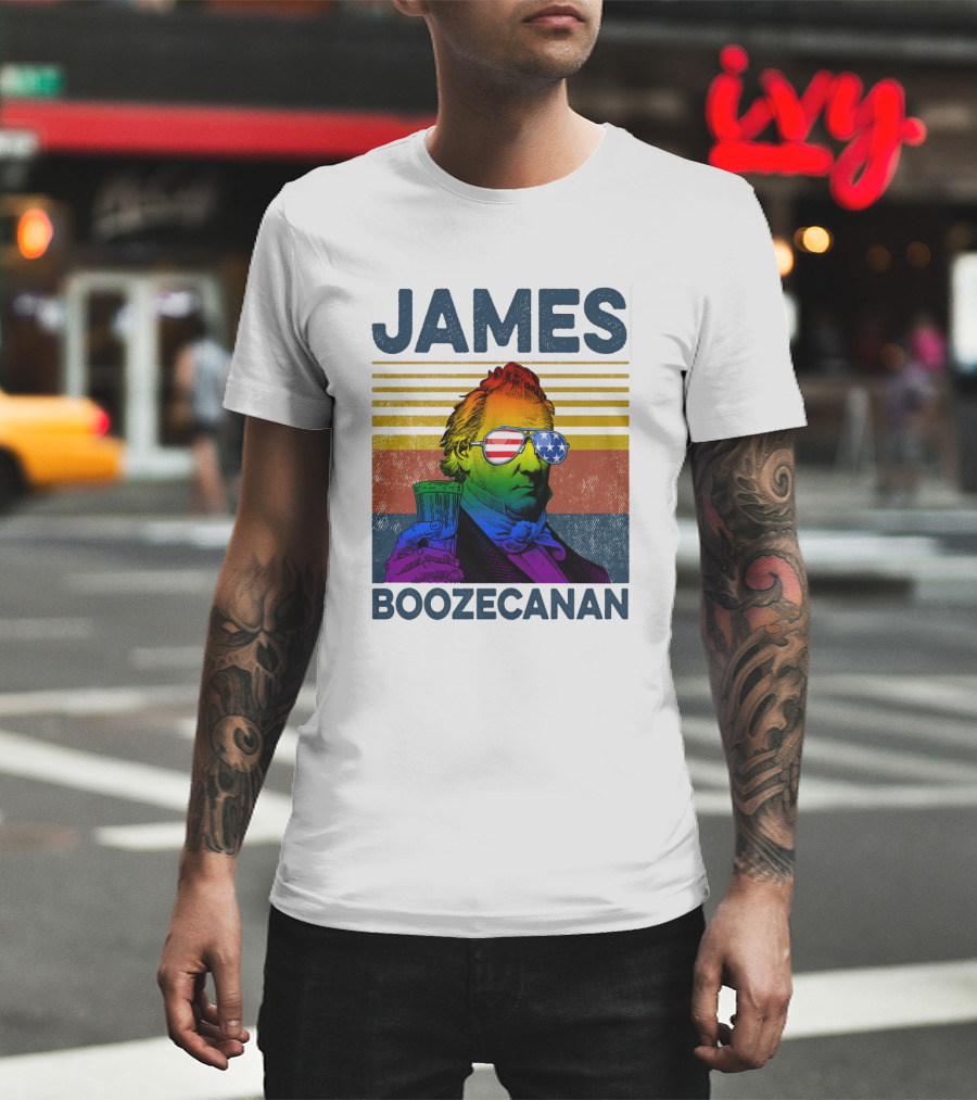 James Boozecanan American Flag Sunglasses With Beer Drink Rainbow T-Shirt