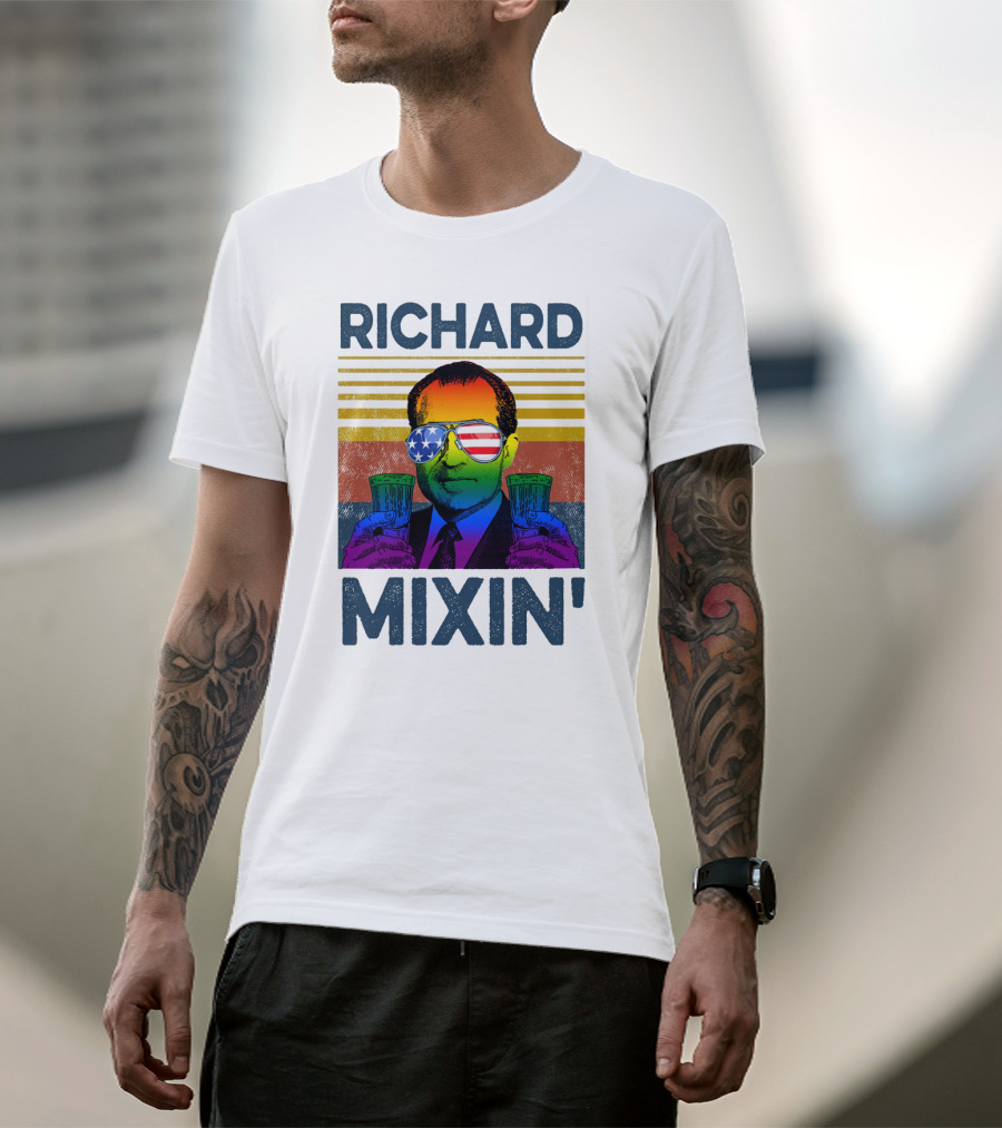 Richard Mixin' Beer Drink Patriotic Sunglasses Rainbow Stripes T-Shirt
