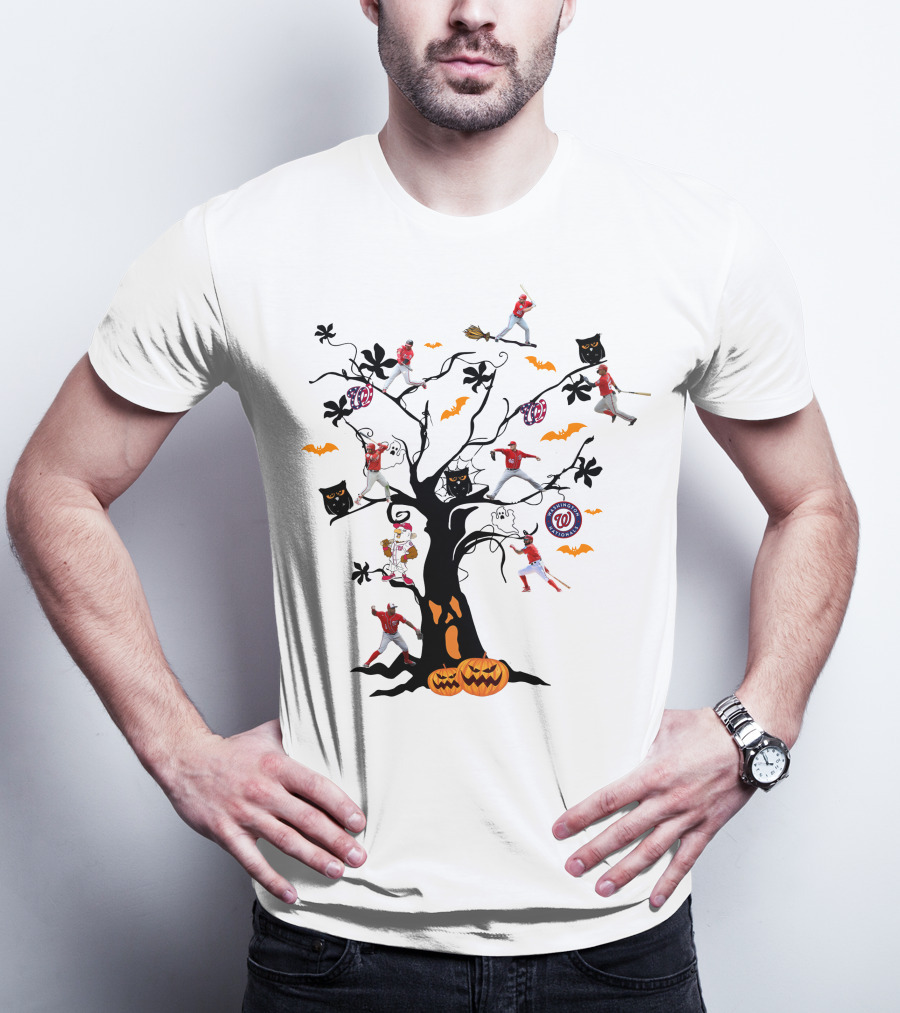 Washington Nationals Halloween Baseball Spooky Tree With Pumpkins And Bats T-Shirt