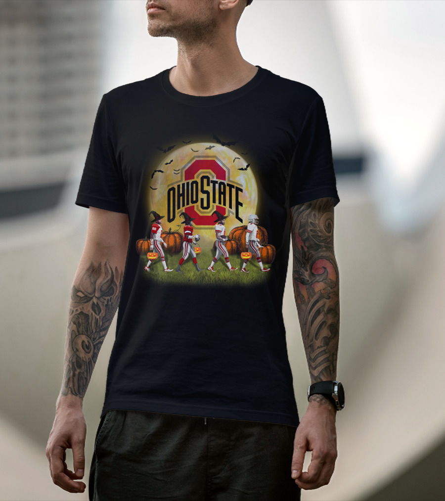 Ohio State Buckeyes Halloween Moon Walk With Pumpkins And Bats T-Shirt
