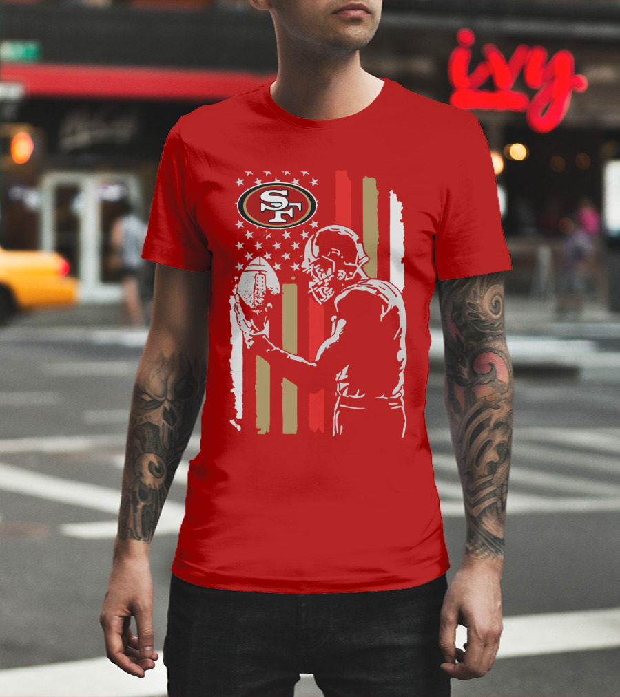 San Francisco 49ers Football Player With Logo And American Flag T-Shirt