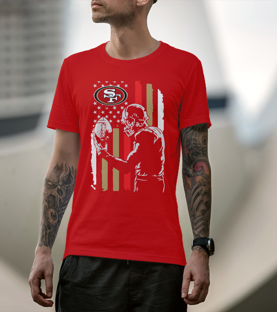 San Francisco 49ers Football Player With Logo And American Flag T-Shirt