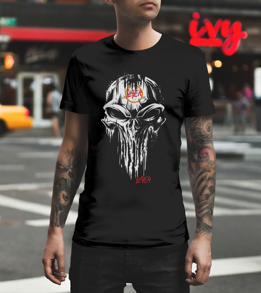 SLAYER Skull Dripping Logo With Inverted Pentagram T-Shirt