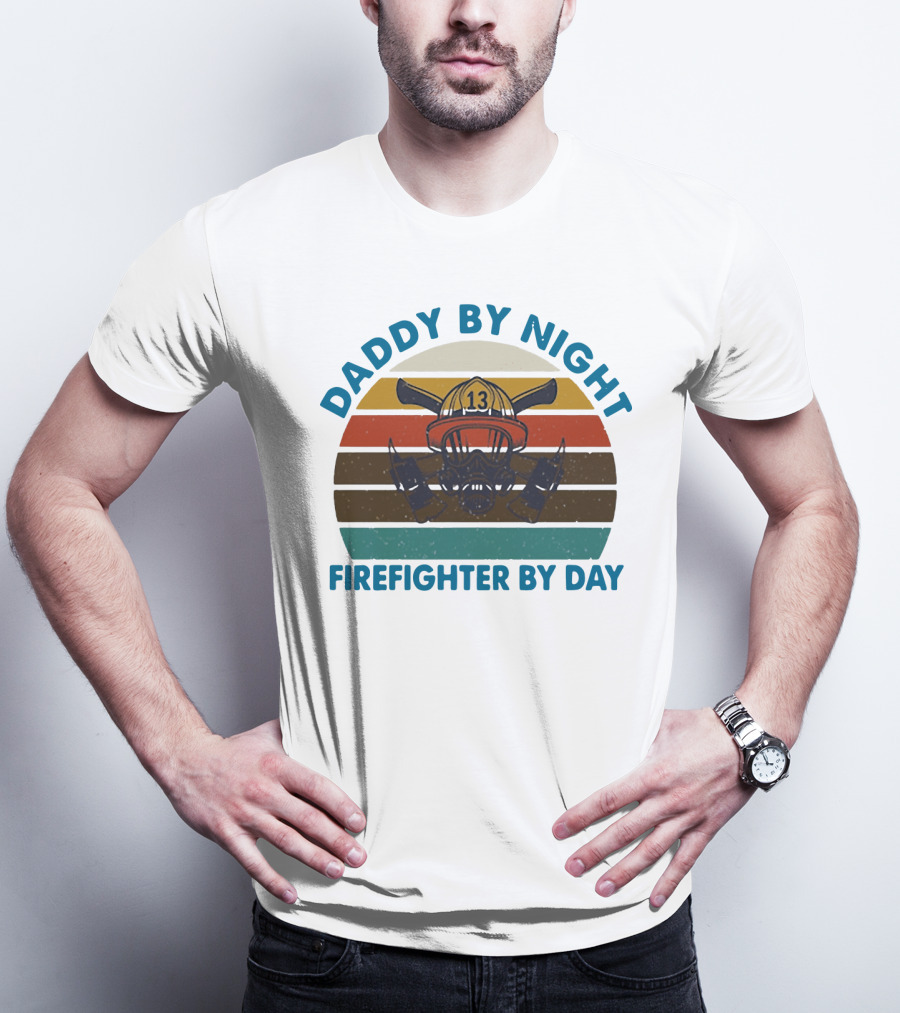 Daddy By Night Firefighter By Day Vintage Fire Helmet Axe Stripe Retro T-Shirt