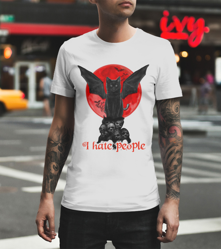 Black Bat Cat I Hate People Red Moon Skulls T-Shirt