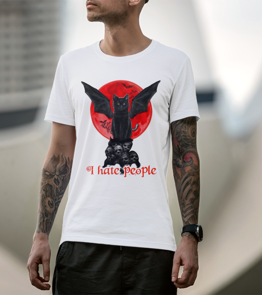 Black Bat Cat I Hate People Red Moon Skulls T-Shirt