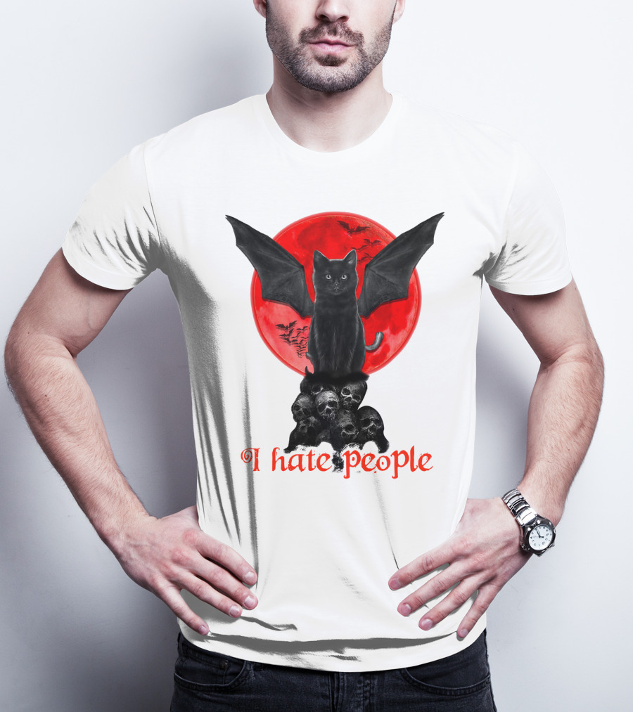 Black Bat Cat I Hate People Red Moon Skulls T-Shirt