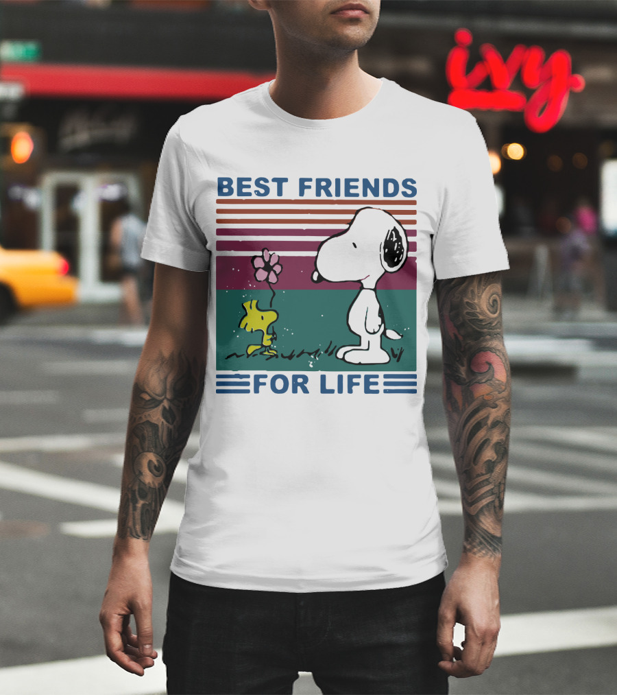 Best Friends For Life Snoopy Woodstock Vintage Retro Stripes T-Shirt