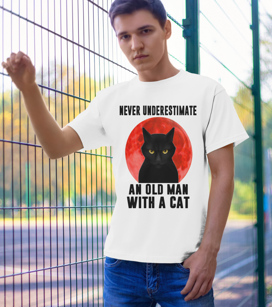 Never Underestimate An Old Man With A Cat Black Cat Red Moon T-Shirt
