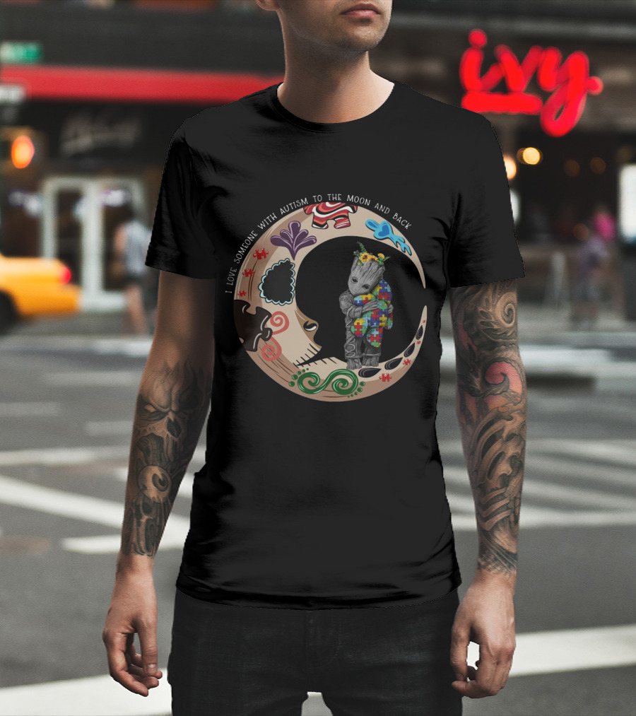 Baby Groot Holding Autism Puzzle Blanket In Vibrant Moon Circle I Love Someone With Autism To The Moon And Back T-Shirt