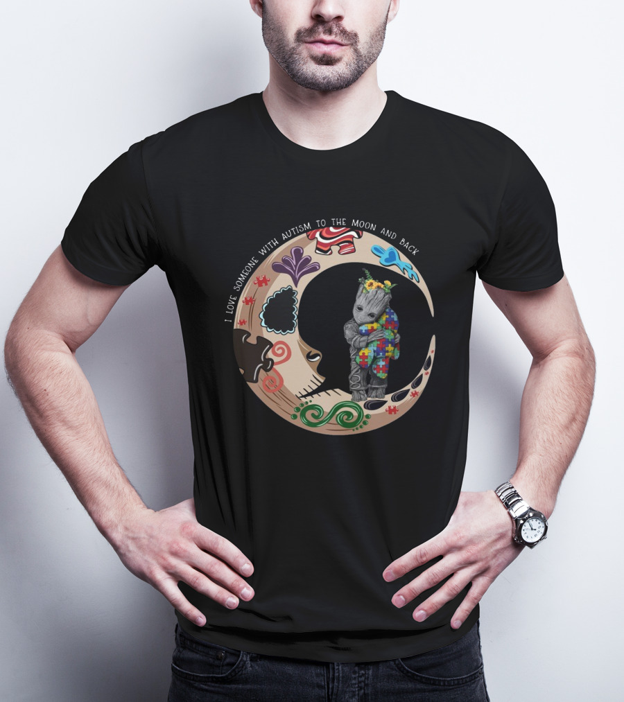 Baby Groot Holding Autism Puzzle Blanket In Vibrant Moon Circle I Love Someone With Autism To The Moon And Back T-Shirt