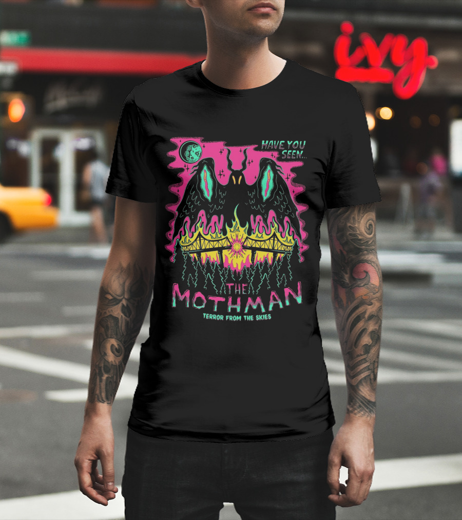 Have You Seen The Mothman Terror From The Skies Moonlit Night Fire Bridge Forest Scene T-Shirt