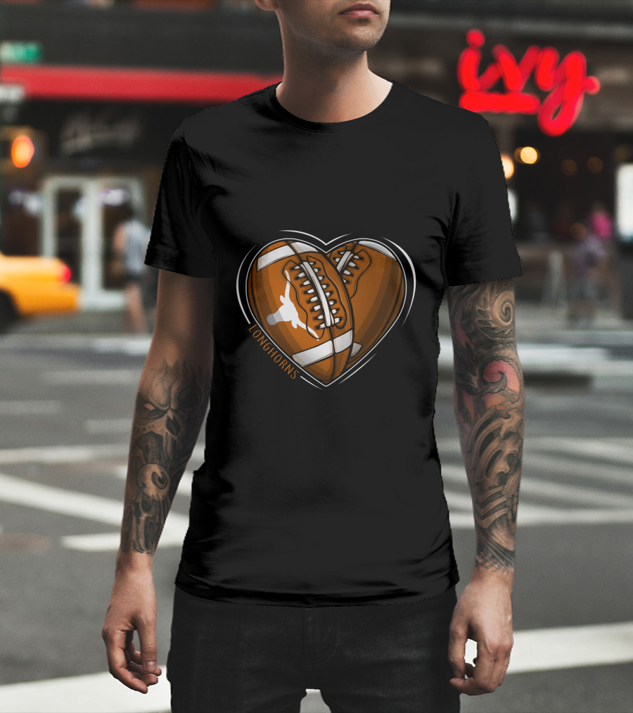 Longhorns Heart-Shaped Football Design Texas Longhorns NCAA T-Shirt