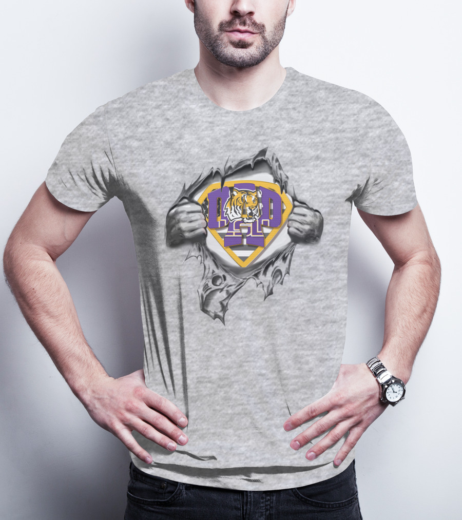 Superdad Lsu Tigers Iconic Tiger Face Logo IN Superhero S Chest Ripped Effect T-Shirt