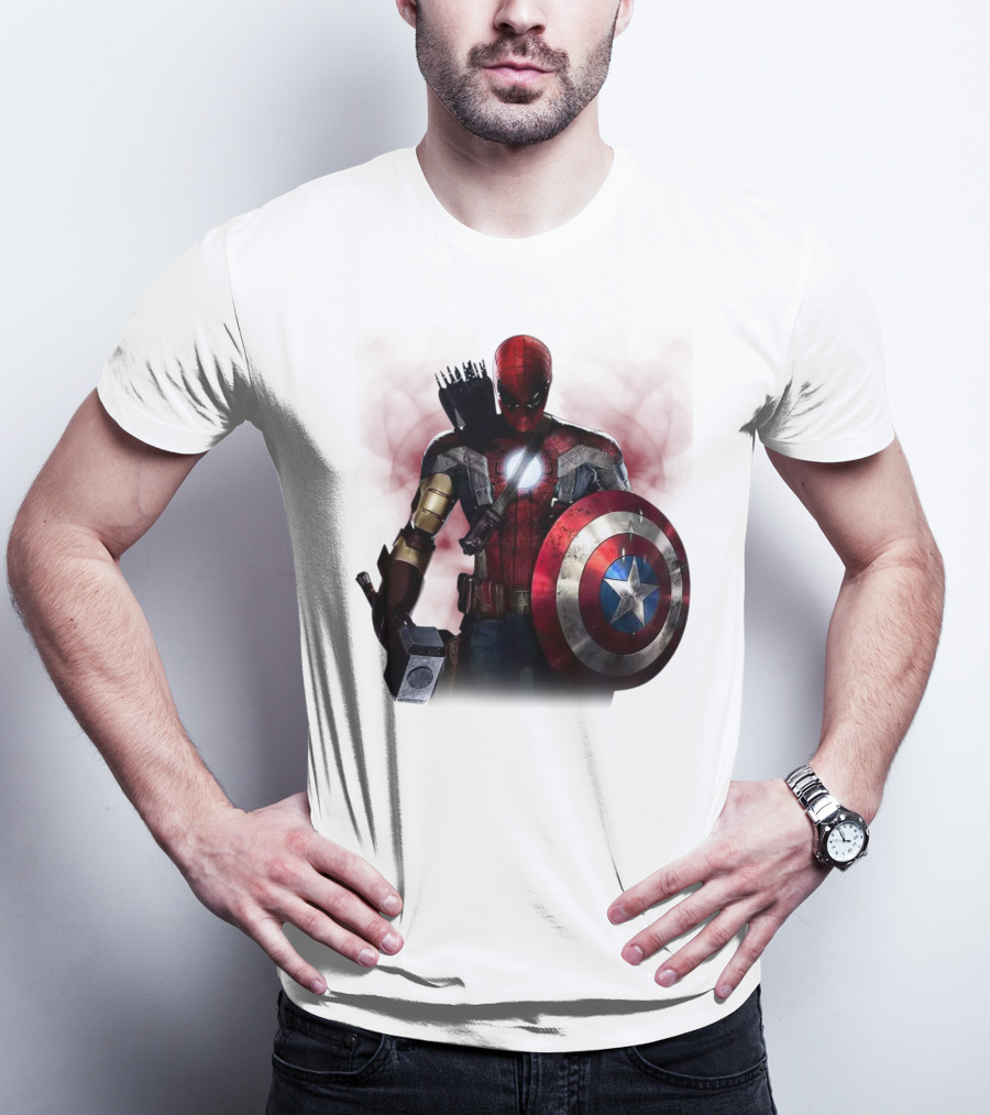 Overpowered Avengers Man Captain America Spider-Man Thor Iron Man Fusion With Shield And Mjolnir T-Shirt
