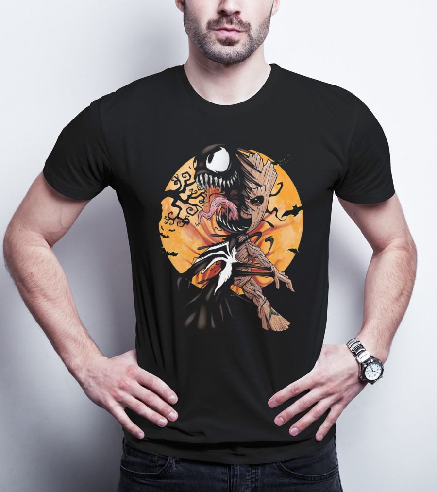 Baby Groot Venom Symbiote Halloween Moon Scene T-Shirt