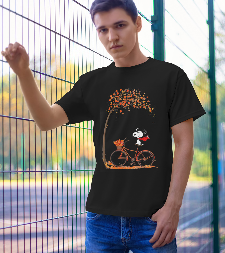 Snoopy Enjoying Autumn Leaves Bicycle Ride Under Fall Tree T-Shirt