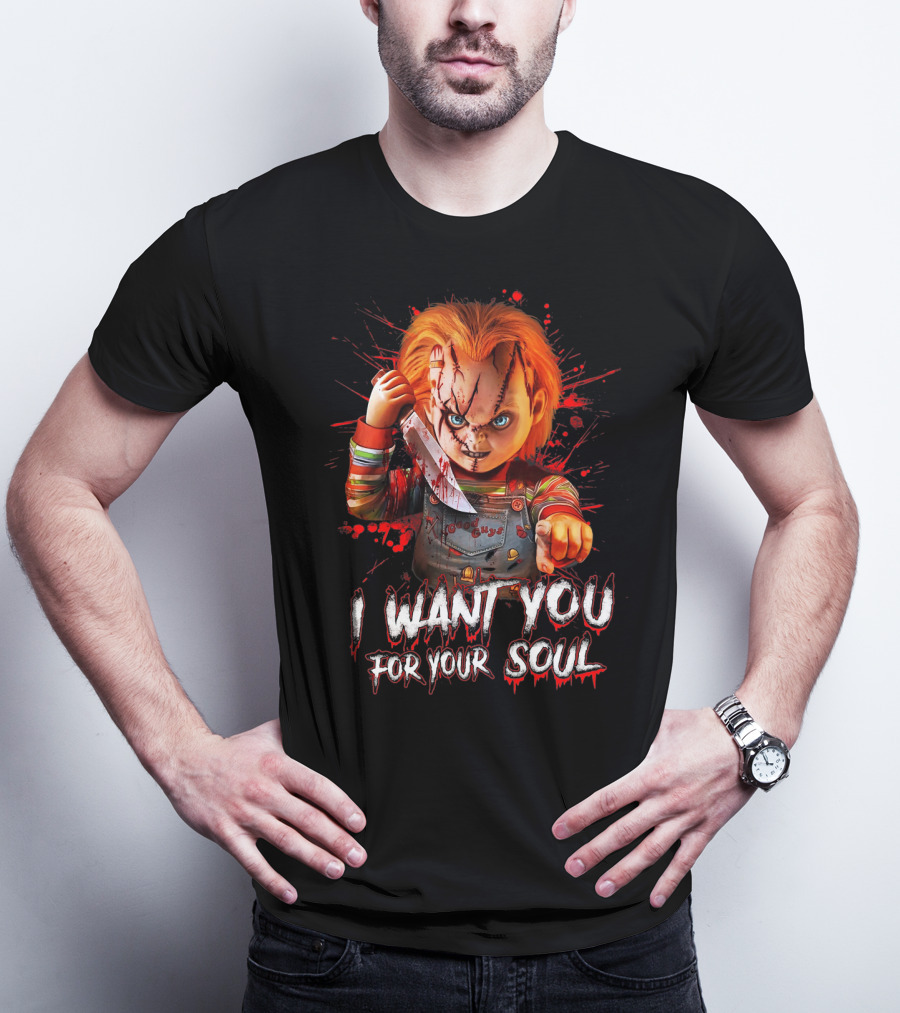 Chucky Horror Character With Knife I Want You For Your Soul T-Shirt