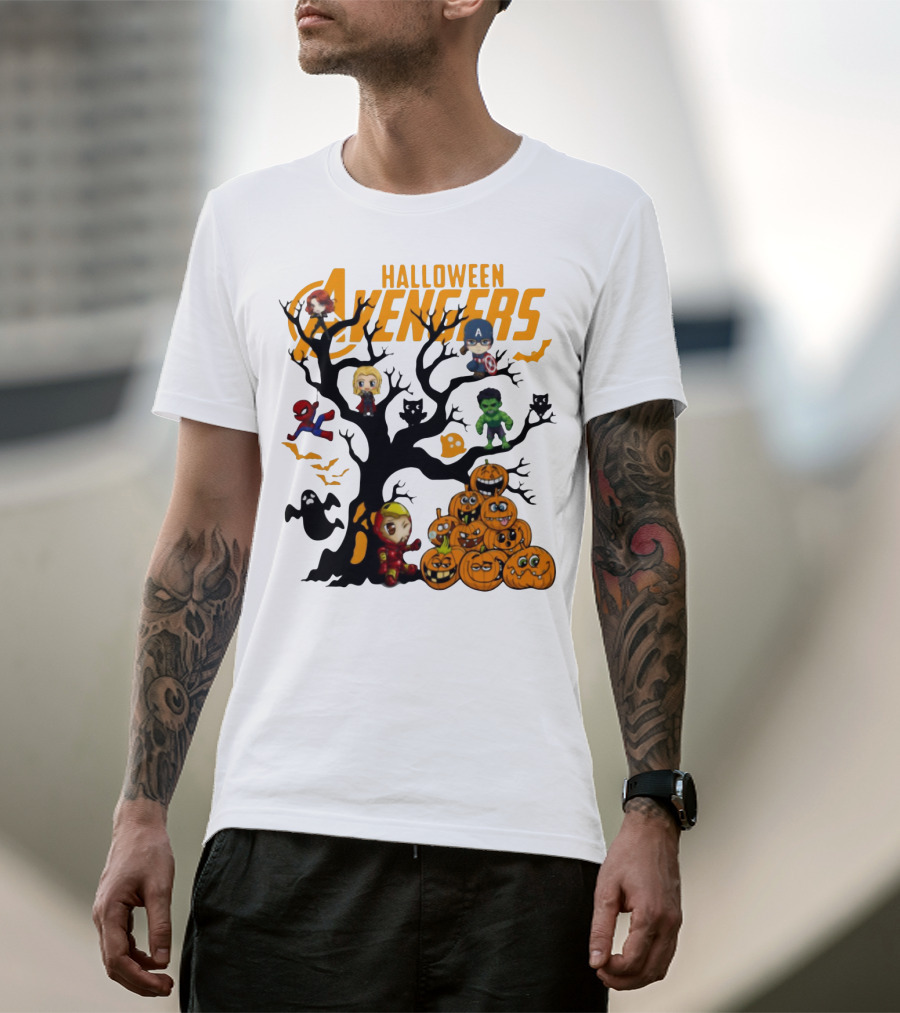 Chibi Halloween Avengers Characters With Pumpkins And Ghosts T-Shirt