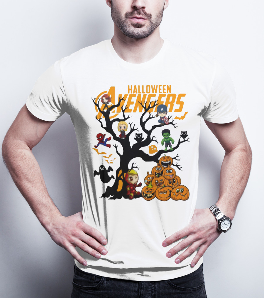 Chibi Halloween Avengers Characters With Pumpkins And Ghosts T-Shirt