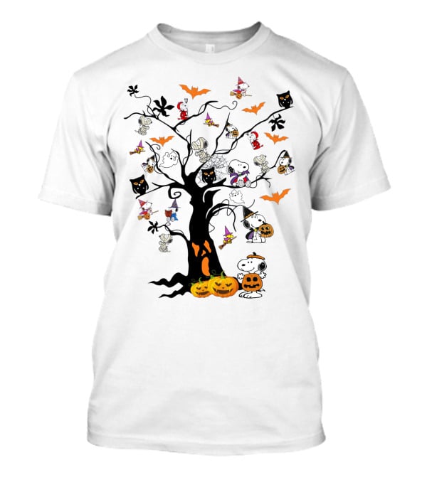 Peanuts Halloween Snoopy Pumpkin Costume Tree With Ghosts And Bats T-Shirt