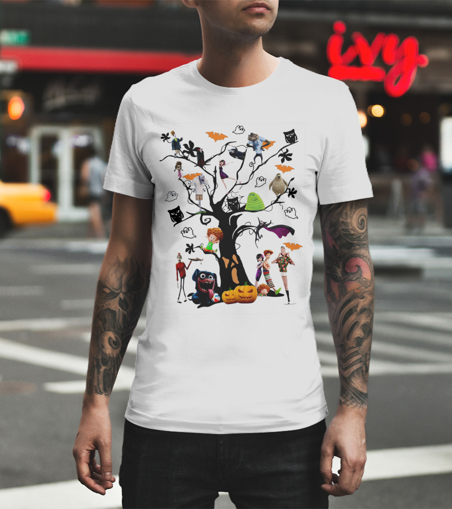 Hotel Transylvania 3 Halloween Tree Characters And Symbols With Pumpkins And Bats T-Shirt