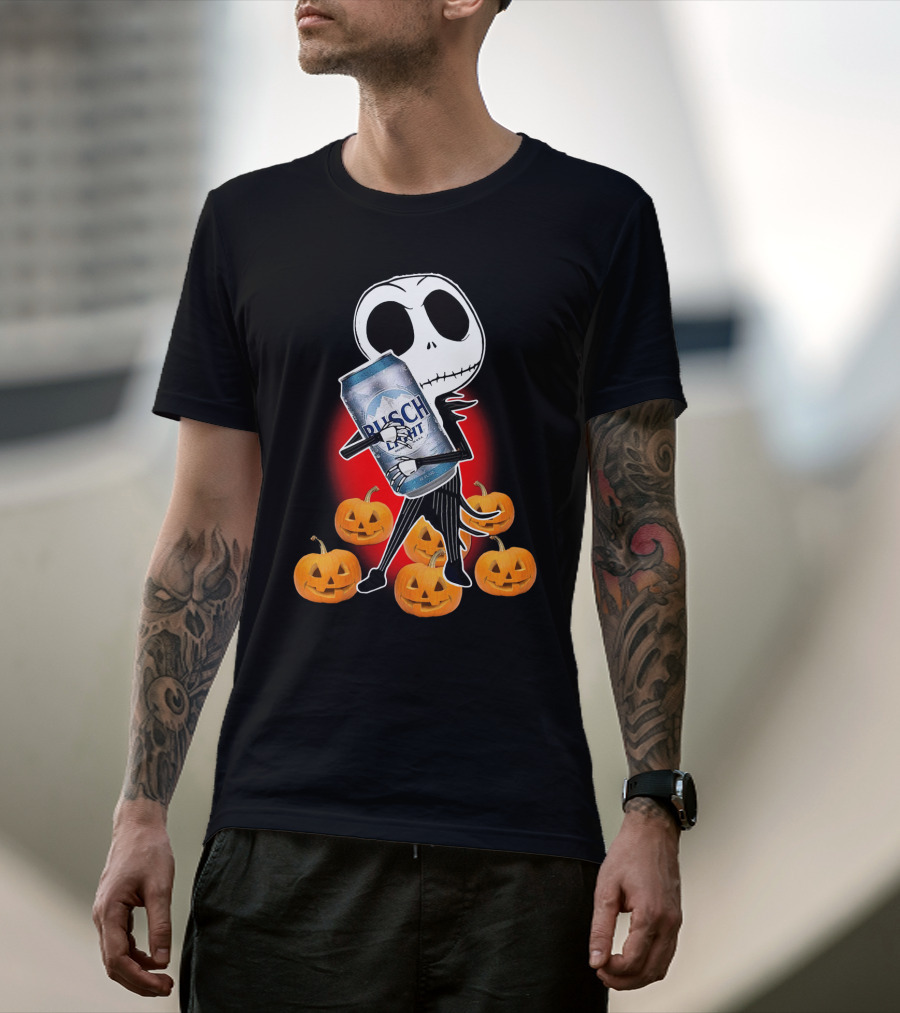Jack Skellington Busch Light Hug Surrounded By Pumpkins Halloween T-Shirt