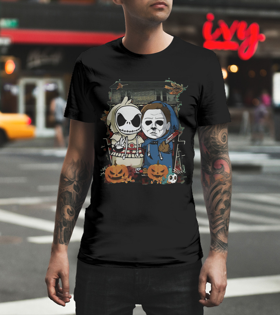 Jack Skellington And Michael Myers Halloween Crossover With Haunted House And Pumpkins T-Shirt