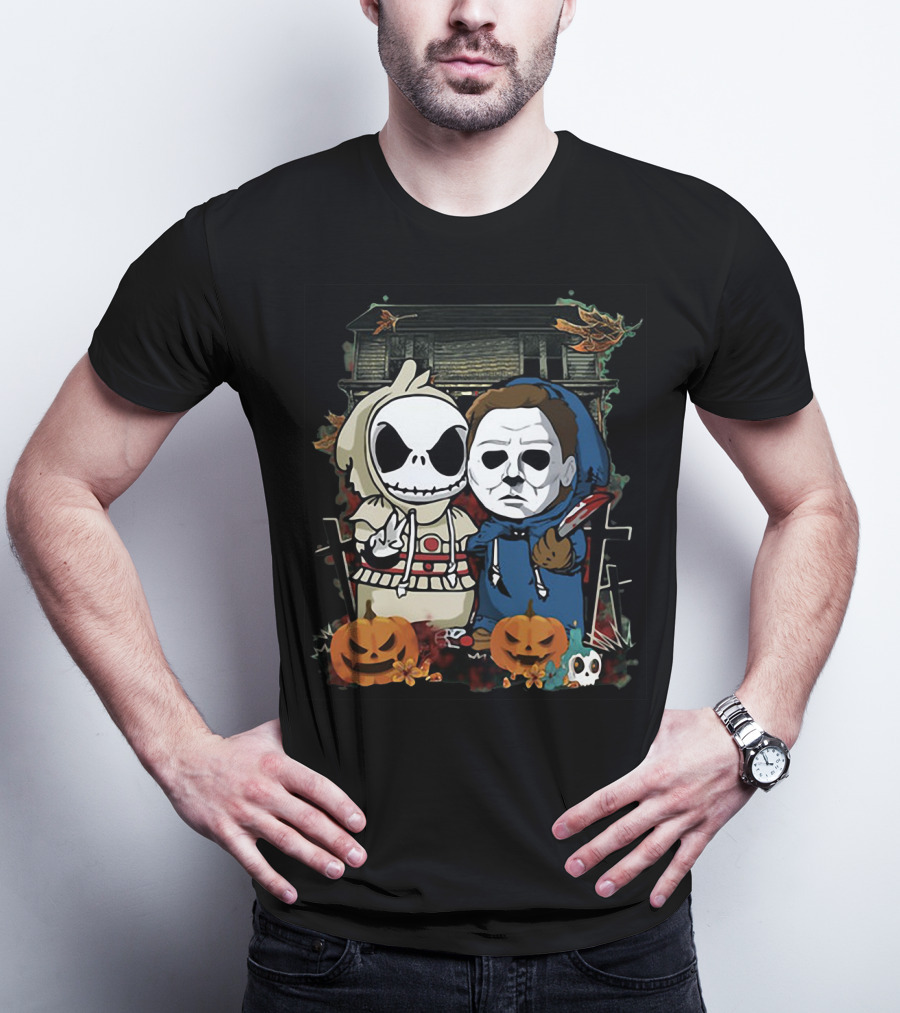 Jack Skellington And Michael Myers Halloween Crossover With Haunted House And Pumpkins T-Shirt