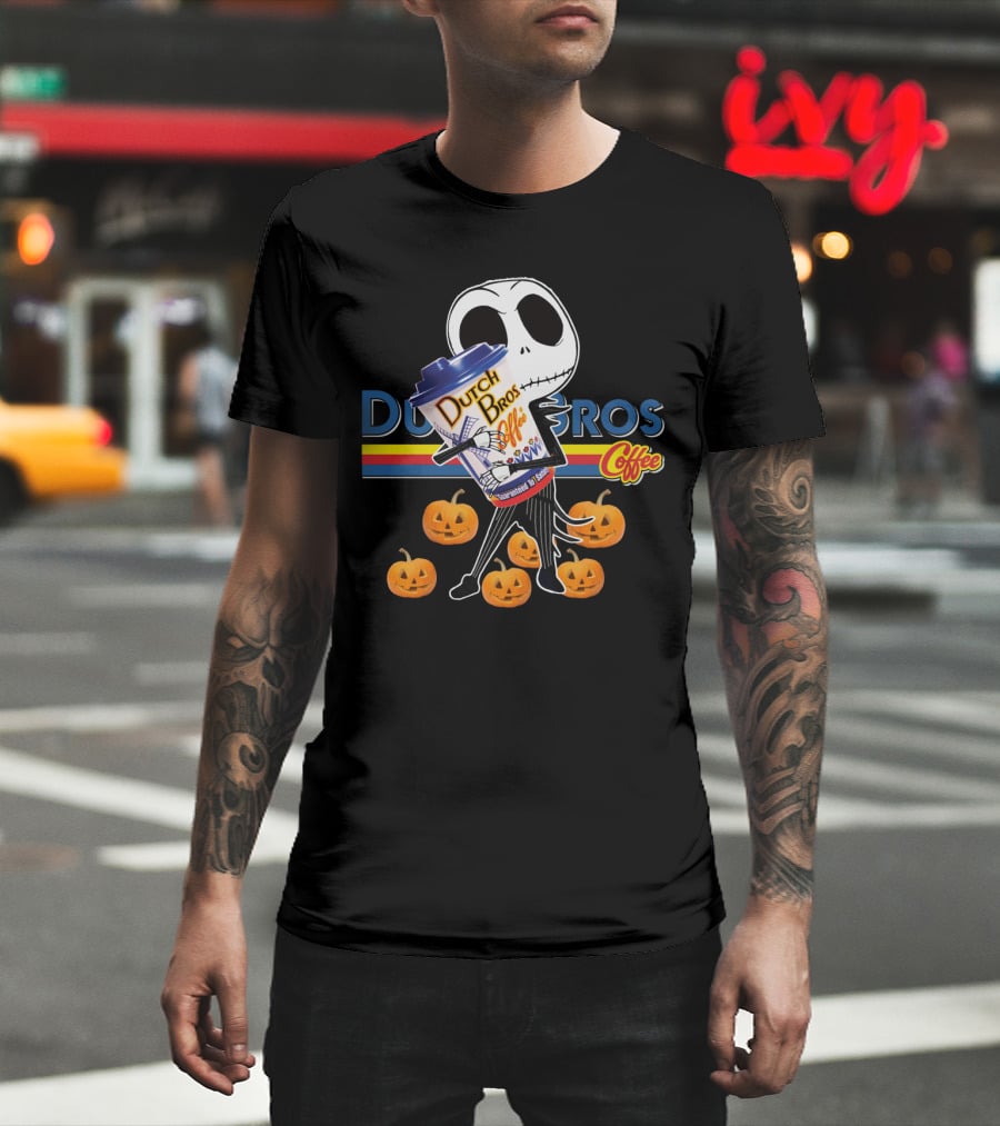 Jack Skellington Holding Dutch Bros Coffee Cup Surrounded By Pumpkins T-Shirt