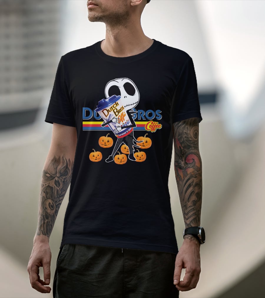 Jack Skellington Holding Dutch Bros Coffee Cup Surrounded By Pumpkins T-Shirt