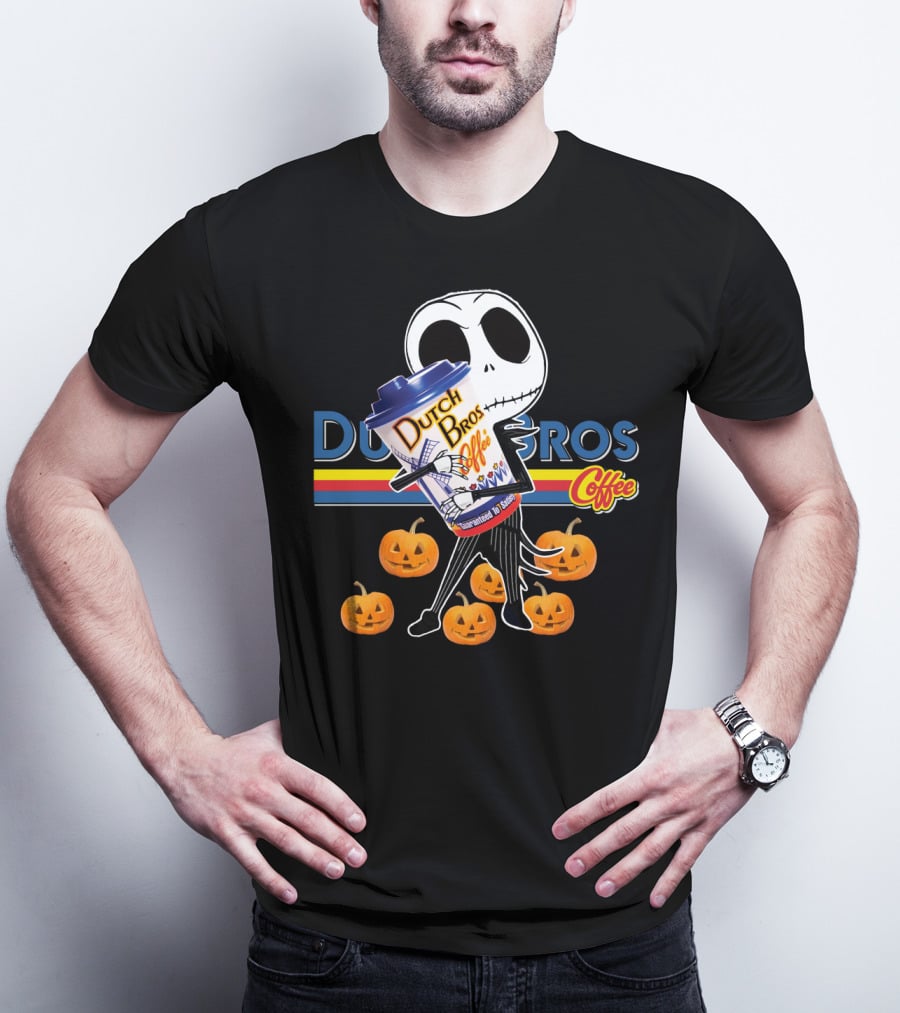 Jack Skellington Holding Dutch Bros Coffee Cup Surrounded By Pumpkins T-Shirt