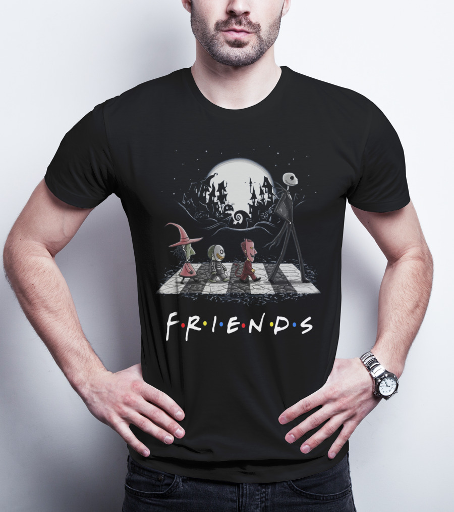 Friends Nightmare Before Christmas Characters Abbey Road Parody With Full Moon Background T-Shirt