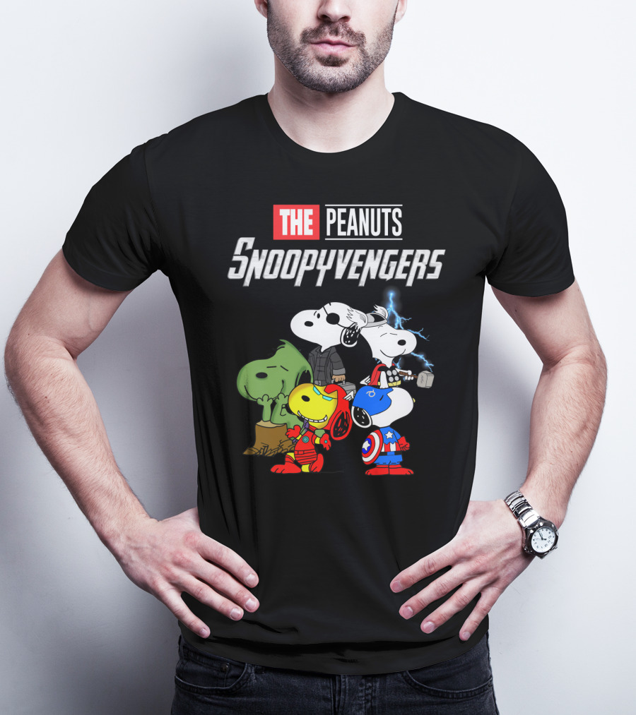The Peanuts Snoopyvengers Marvel Avengers Endgame Crossover With Snoopy As Iron Man Captain America Thor Hulk Black Widow T-Shirt