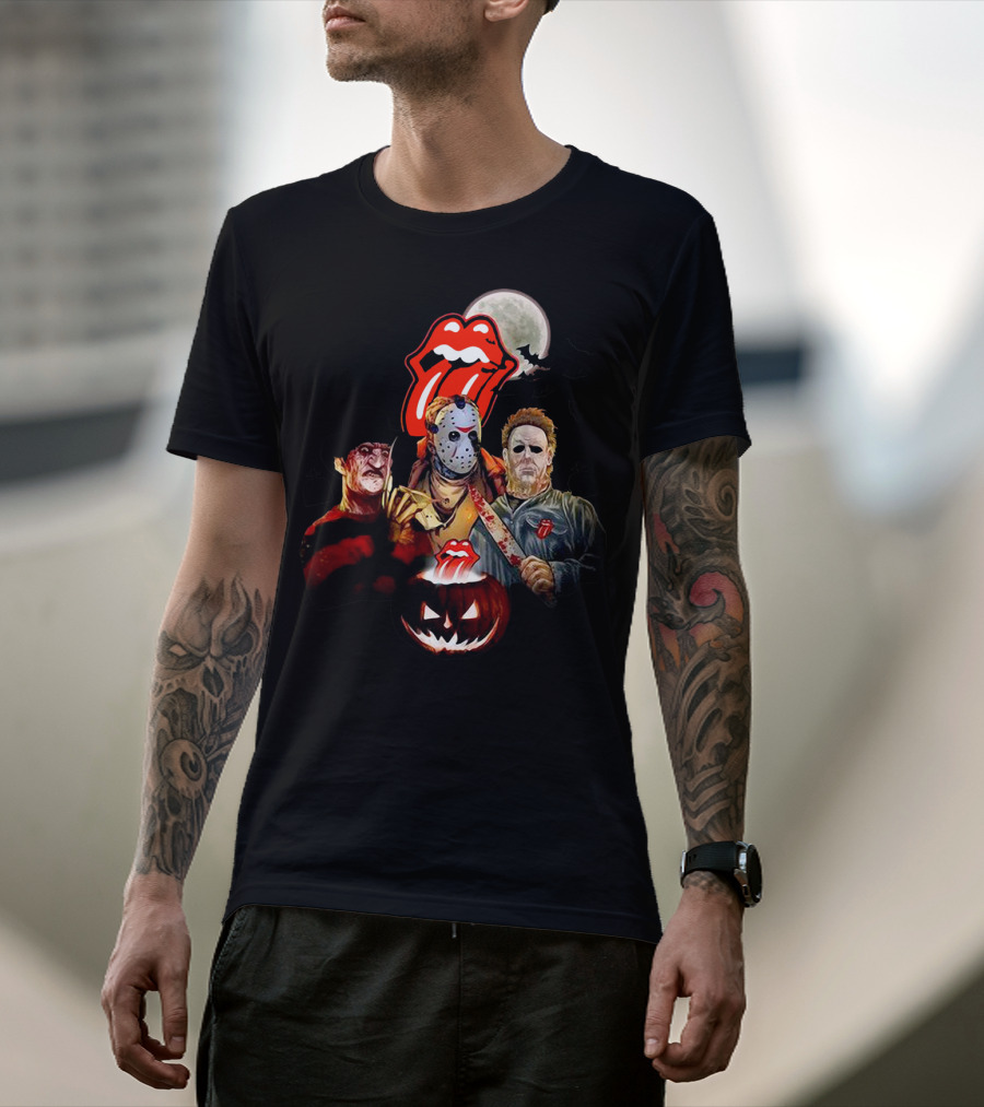 Michael Myers Voorhees Freddy Horror Mashup Halloween Moon Pumpkins Bats Tongue T-Shirt