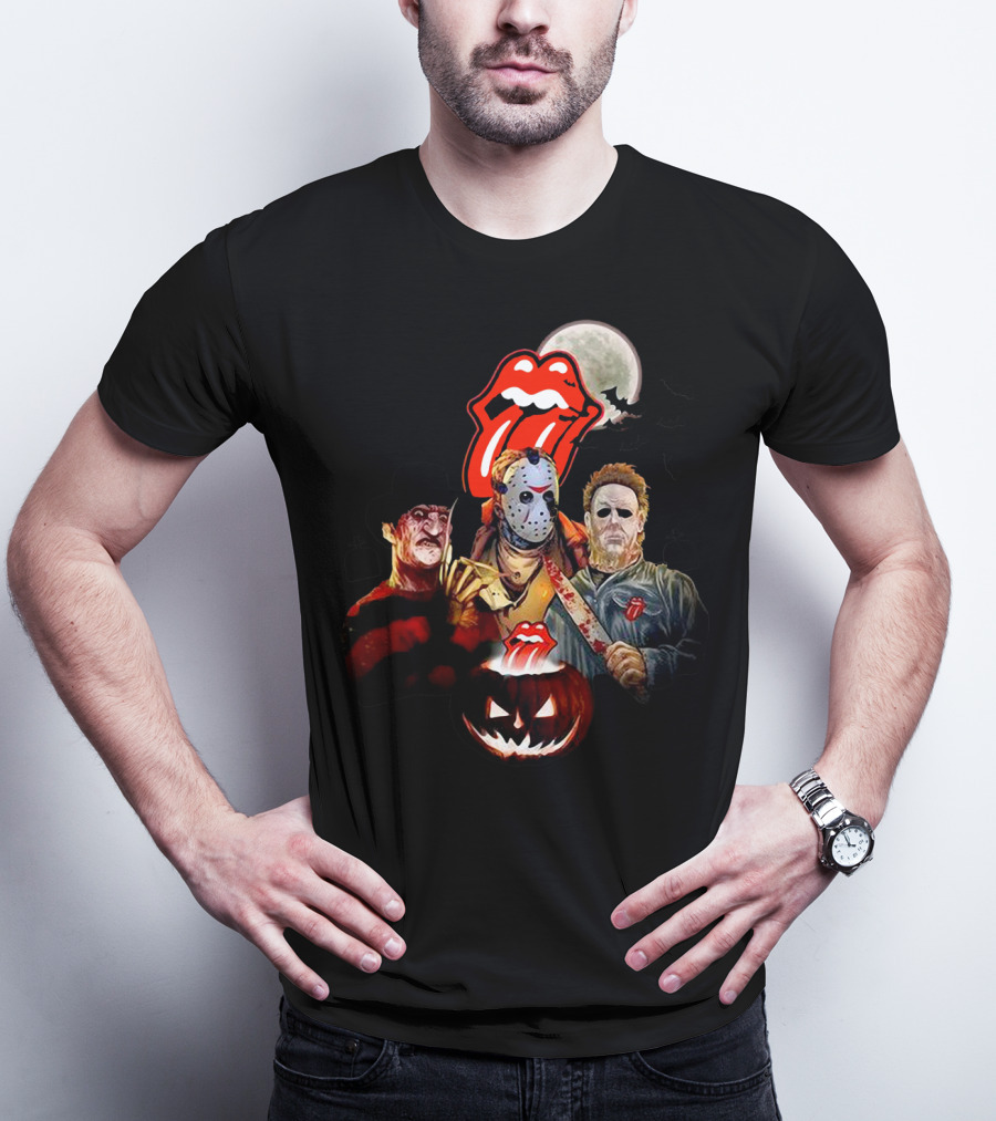 Michael Myers Voorhees Freddy Horror Mashup Halloween Moon Pumpkins Bats Tongue T-Shirt