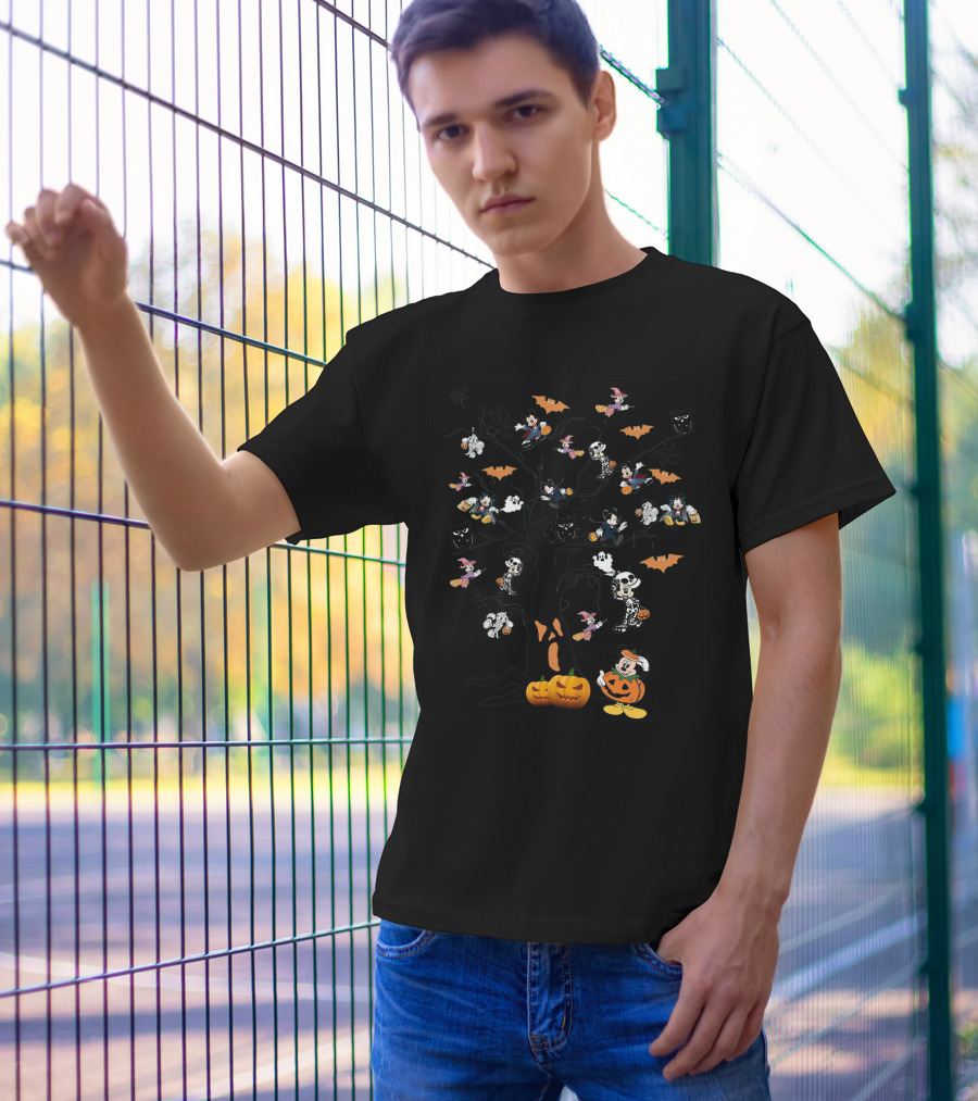 Mickey Mouse Halloween Tree With Pumpkins And Skeleton Costumes T-Shirt