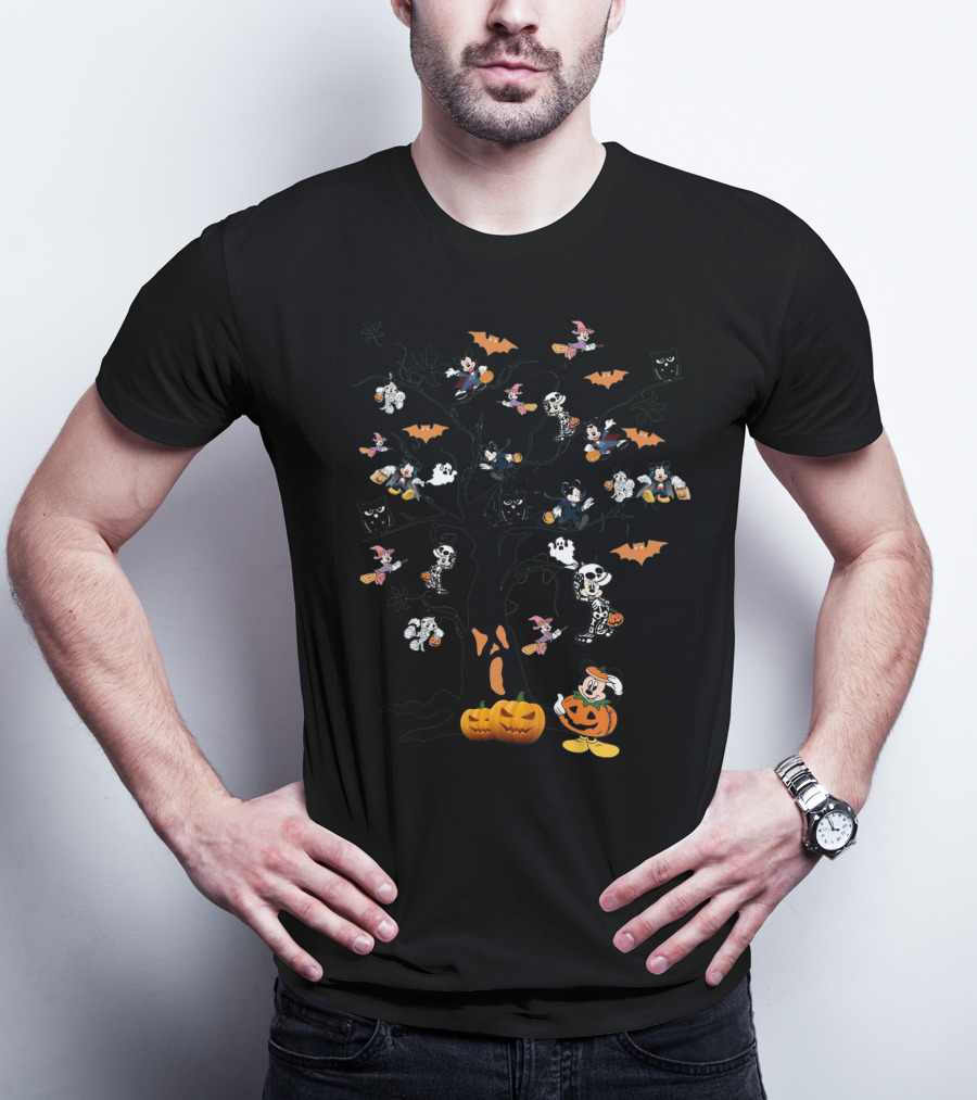 Mickey Mouse Halloween Tree With Pumpkins And Skeleton Costumes T-Shirt