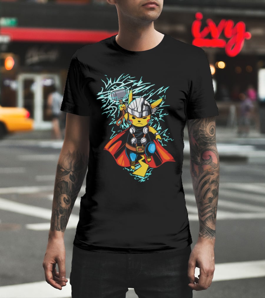 Pikachu Wielding Thor's Hammer With Lightning And Armor T-Shirt