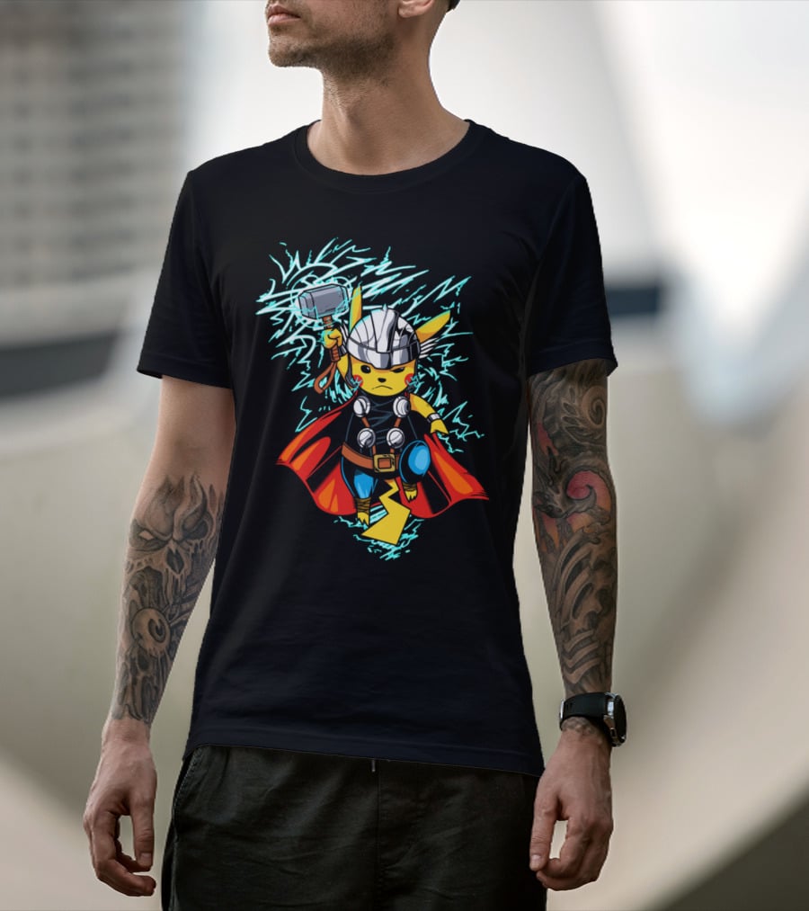 Pikachu Wielding Thor's Hammer With Lightning And Armor T-Shirt