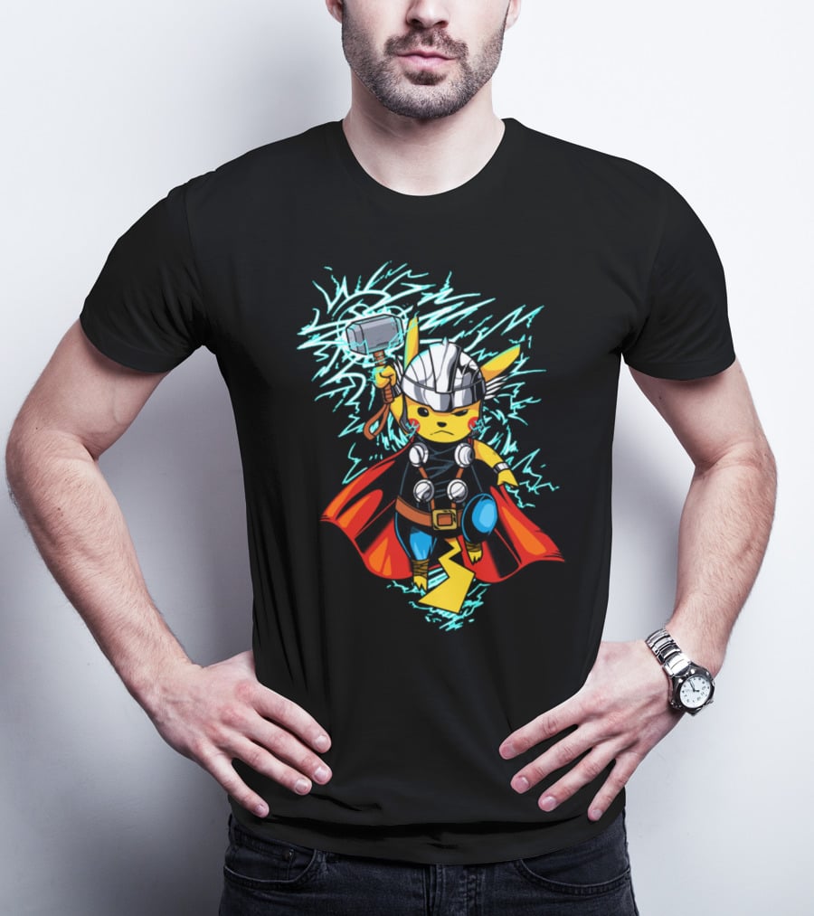Pikachu Wielding Thor's Hammer With Lightning And Armor T-Shirt
