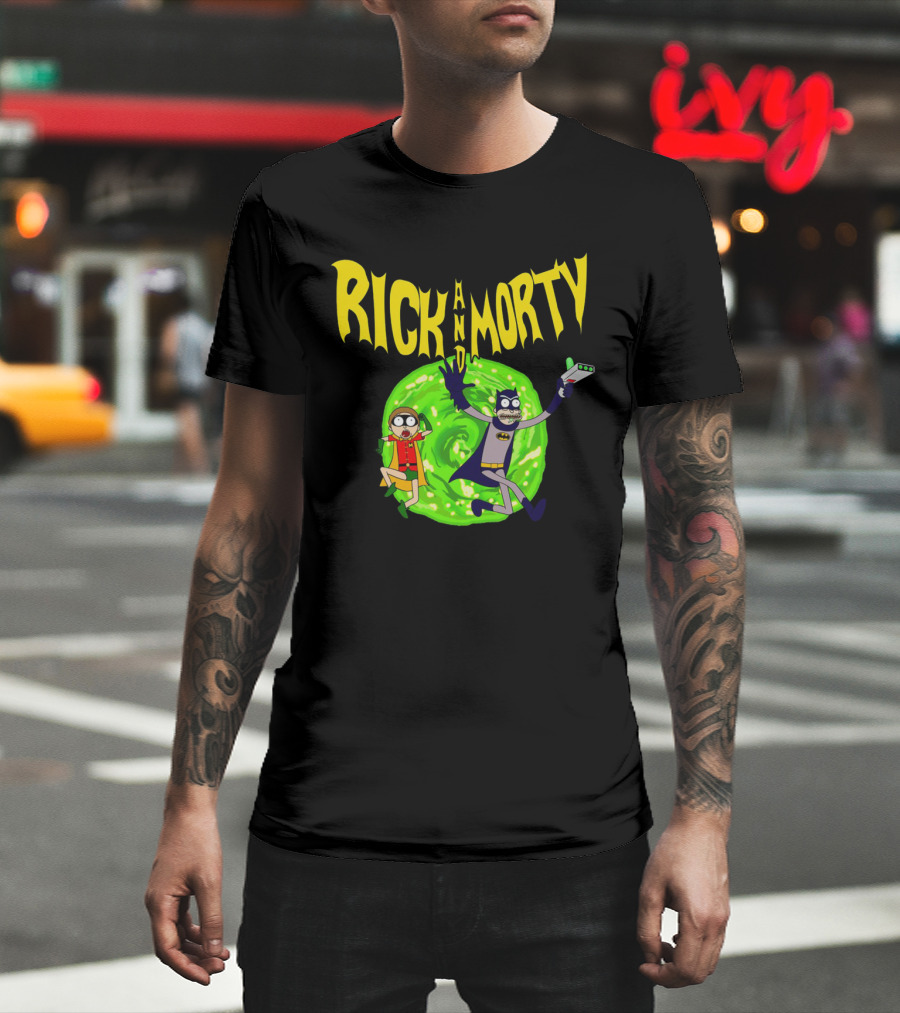 Rick And Morty In Batman Costumes With Portal Gun And Swirling Green Portal T-Shirt