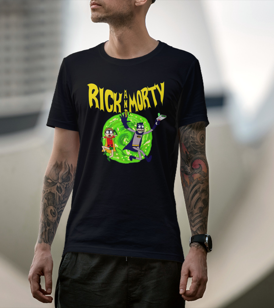 Rick And Morty In Batman Costumes With Portal Gun And Swirling Green Portal T-Shirt