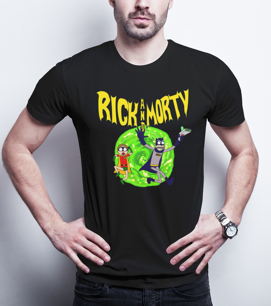 Rick And Morty In Batman Costumes With Portal Gun And Swirling Green Portal T-Shirt