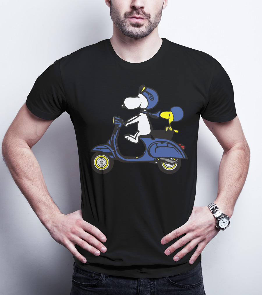 Snoopy And Woodstock Riding Blue Vespa With Helmets T-Shirt